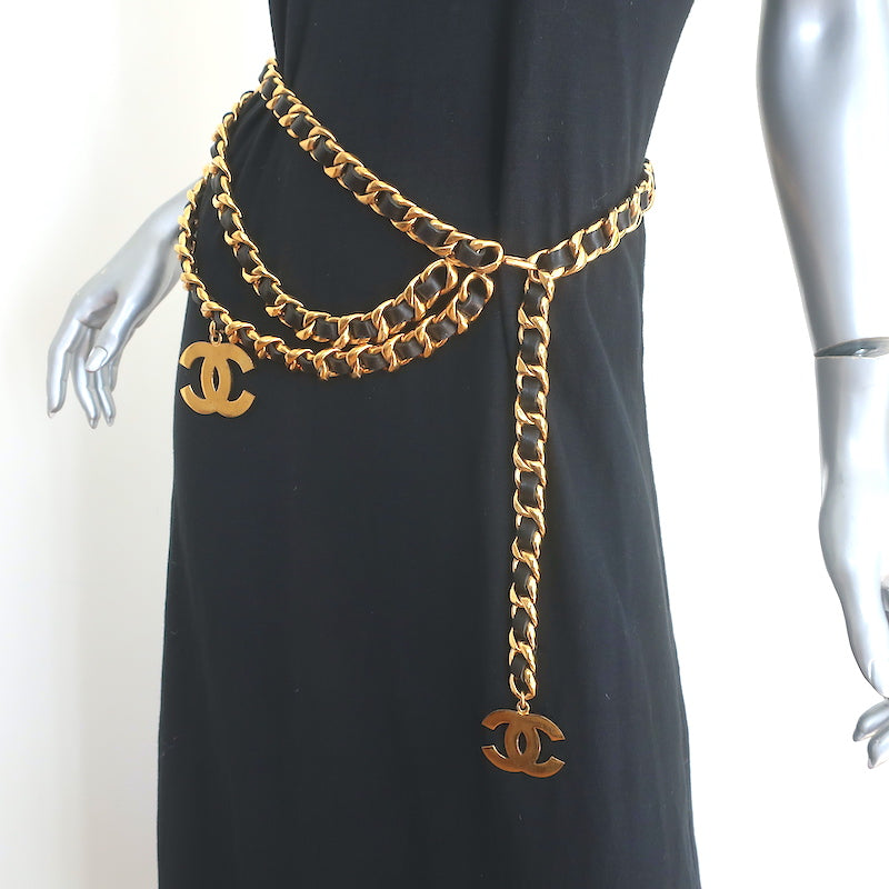 Vintage Chanel 1990 Jumbo CC Triple Draped Leather & Chain Belt Gold/B ...