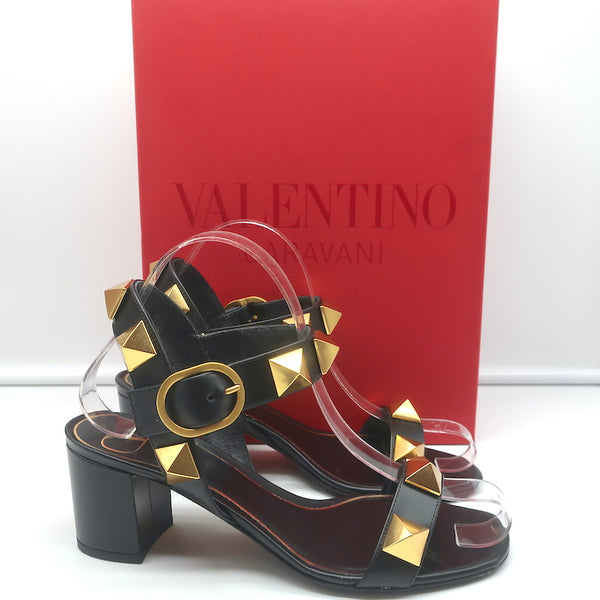 Valentino Roman Stud 60mm Sandals Black Leather Size 36 Ankle Strap He ...