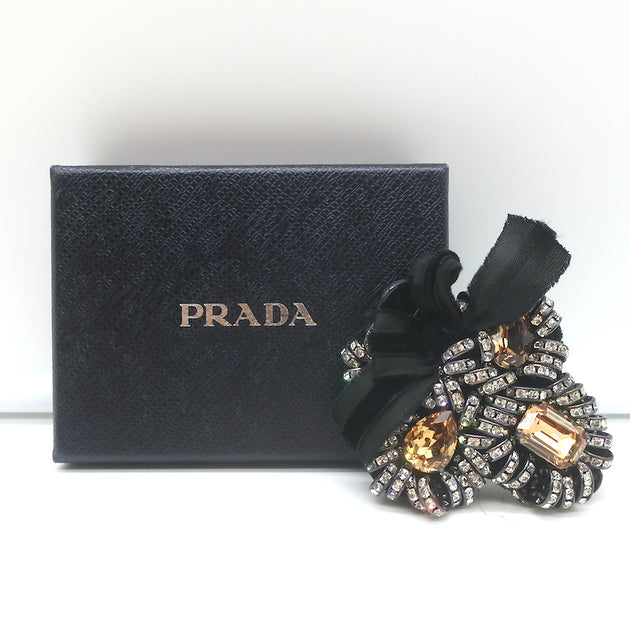 Prada Crystal Bow Brooch Black Satin & Velvet with Orange Glass ...