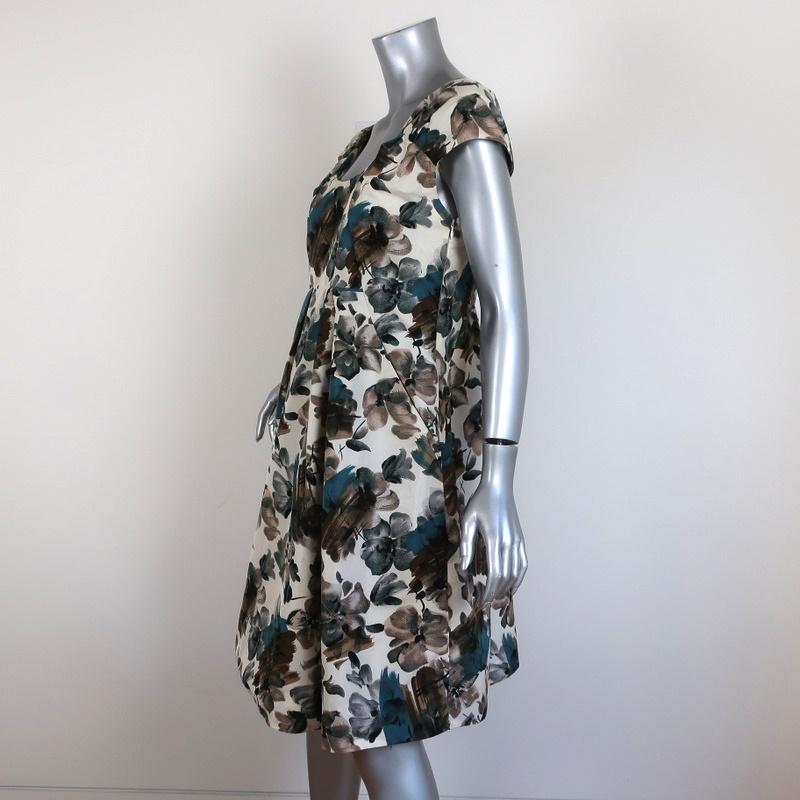 Marni Dress Cream/Multi Floral Print Taffeta Size 42 Pleated Cap Sleev ...